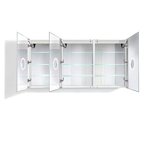 Krugg LED Medicine Cabinet 72 Inch X 36 Inch | Recessed or Surface Mount Mirror Cabinet w/Dimmer & Defogger + 3X Makeup Mirror Inside & Outlet + USB(Left Left Right)