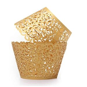 suyeper 100pcs cupcake wrappers artistic bake cake paper cups little vine lace laser cut liner baking cup muffin case trays for wedding party birthday decoration (gold)