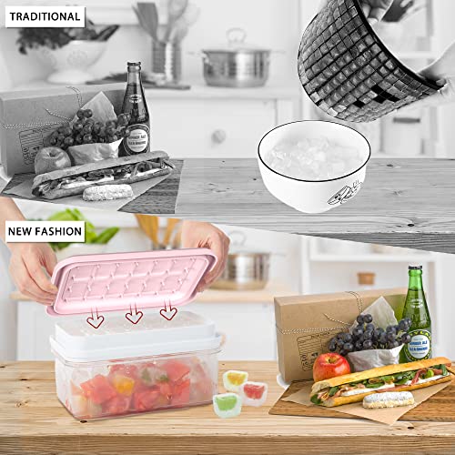 Silicone Ice Cube Tray with Lid and Bin for Freezer, 56 Nugget Ice Tray with Cover, Container, Scoop, Stackable Flexible Safe Ice Cube Trays, BPA Free (Pink)