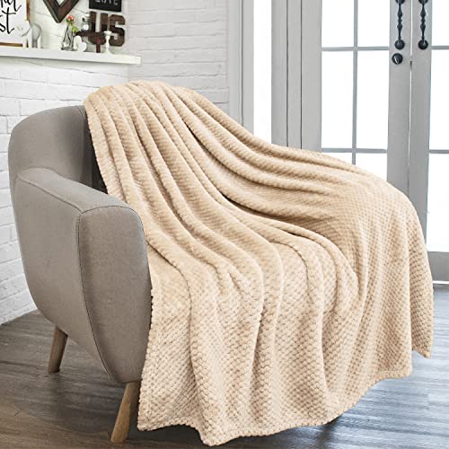 PAVILIA Waffle Textured Fleece Throw Blanket for Couch Sofa, Ivory Cream | Soft Plush Velvet Flannel Blanket for Living Room | Fuzzy Lightweight Microfiber Throw for All Seasons, 50 x 60 Inches