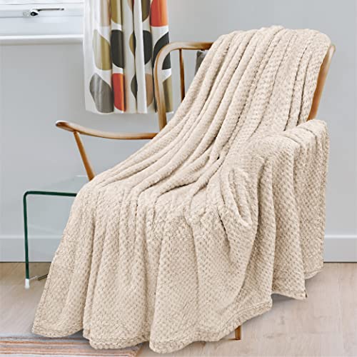 PAVILIA Waffle Textured Fleece Throw Blanket for Couch Sofa, Ivory Cream | Soft Plush Velvet Flannel Blanket for Living Room | Fuzzy Lightweight Microfiber Throw for All Seasons, 50 x 60 Inches