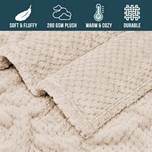 PAVILIA Waffle Textured Fleece Throw Blanket for Couch Sofa, Ivory Cream | Soft Plush Velvet Flannel Blanket for Living Room | Fuzzy Lightweight Microfiber Throw for All Seasons, 50 x 60 Inches