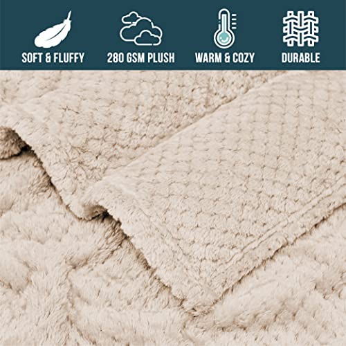 PAVILIA Waffle Textured Fleece Throw Blanket for Couch Sofa, Ivory Cream | Soft Plush Velvet Flannel Blanket for Living Room | Fuzzy Lightweight Microfiber Throw for All Seasons, 50 x 60 Inches