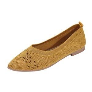 Ladies Fashion Solid Color Breathable Knitting Pointed Shallow Flat Casual Shoes Heel Thong Sandals (Yellow, 8)