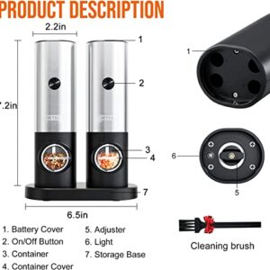 Electric Pepper and Salt Grinder Set, Adjustable Coarseness, Battery Powered with LED Light and Storage Base, One Hand Automatic Operation, Stainless Steel, 2 Pack