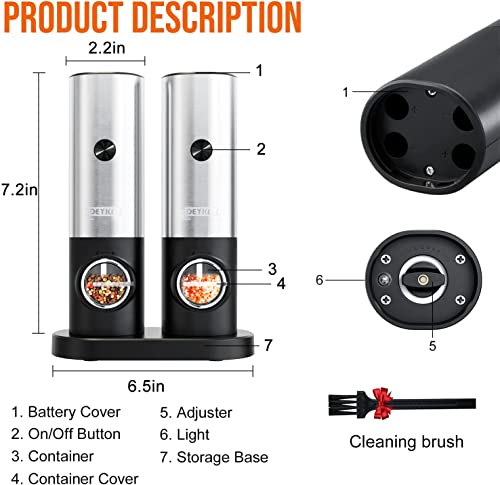 Electric Pepper and Salt Grinder Set, Adjustable Coarseness, Battery Powered with LED Light and Storage Base, One Hand Automatic Operation, Stainless Steel, 2 Pack