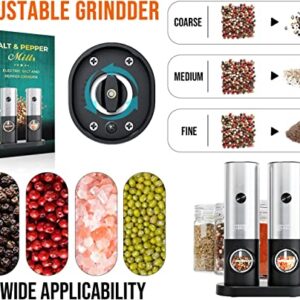 Electric Pepper and Salt Grinder Set, Adjustable Coarseness, Battery Powered with LED Light and Storage Base, One Hand Automatic Operation, Stainless Steel, 2 Pack