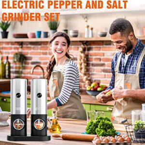 Electric Pepper and Salt Grinder Set, Adjustable Coarseness, Battery Powered with LED Light and Storage Base, One Hand Automatic Operation, Stainless Steel, 2 Pack