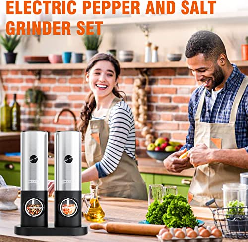 Electric Pepper and Salt Grinder Set, Adjustable Coarseness, Battery Powered with LED Light and Storage Base, One Hand Automatic Operation, Stainless Steel, 2 Pack