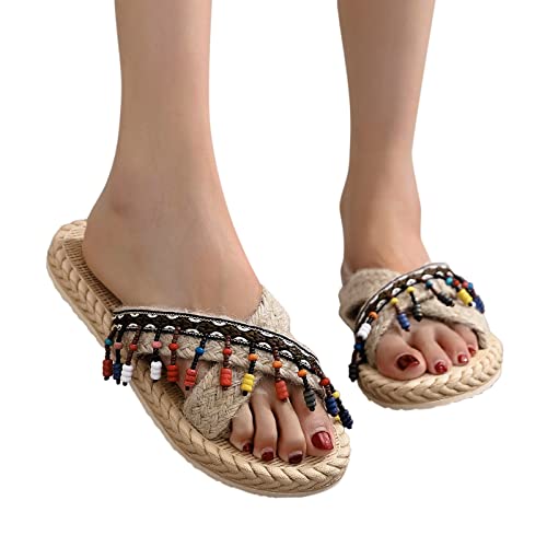 Imitation Woven Flip and Straw Slippers Beach Summer Spring and Flat Women Sandals Flops Pineapple Slippers for Women (Coffee, 8.5)