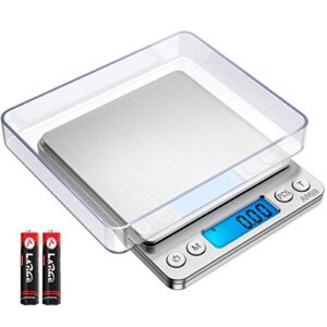 (upgraded) amir digital kitchen scale, 500g mini pocket jewelry scale, cooking food scale, back-lit lcd display, 2 trays, 6 units, auto off, tare, pcs, stainless steel (batteries included)