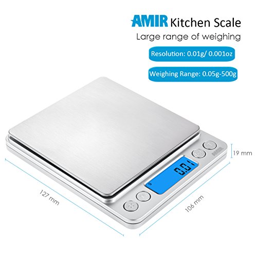 (Upgraded) AMIR Digital Kitchen Scale, 500g Mini Pocket Jewelry Scale, Cooking Food Scale, Back-Lit LCD Display, 2 Trays, 6 Units, Auto Off, Tare, PCS, Stainless Steel (Batteries Included)