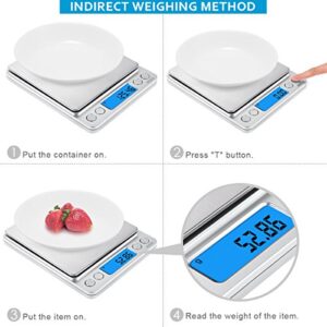 (Upgraded) AMIR Digital Kitchen Scale, 500g Mini Pocket Jewelry Scale, Cooking Food Scale, Back-Lit LCD Display, 2 Trays, 6 Units, Auto Off, Tare, PCS, Stainless Steel (Batteries Included)