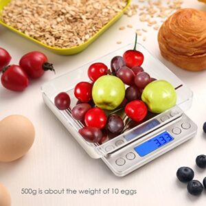 (Upgraded) AMIR Digital Kitchen Scale, 500g Mini Pocket Jewelry Scale, Cooking Food Scale, Back-Lit LCD Display, 2 Trays, 6 Units, Auto Off, Tare, PCS, Stainless Steel (Batteries Included)