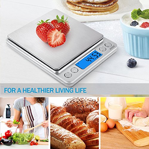 (Upgraded) AMIR Digital Kitchen Scale, 500g Mini Pocket Jewelry Scale, Cooking Food Scale, Back-Lit LCD Display, 2 Trays, 6 Units, Auto Off, Tare, PCS, Stainless Steel (Batteries Included)