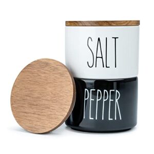 heartland home ceramic salt and pepper bowls. dual holder salt cellar with lid. black and white stackable salt container set. salt keeper, pepper bowl, 2 airtight wooden lids. 9oz salt box pinch dish