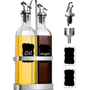 GMISUN Oil And Vinegar Dispenser Set- Comes With Stainless Steel Holder Rack, Clear Glass Olive Oil Dispenser Bottle For Kitchen, Cooking Oil & Vinegar Cruet Set, 2 Pack