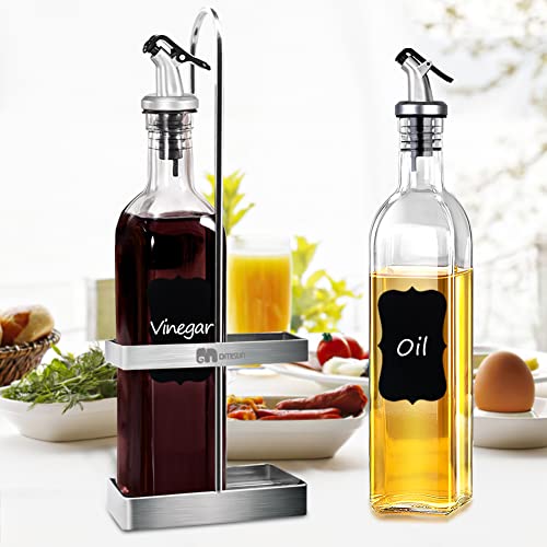 GMISUN Oil And Vinegar Dispenser Set- Comes With Stainless Steel Holder Rack, Clear Glass Olive Oil Dispenser Bottle For Kitchen, Cooking Oil & Vinegar Cruet Set, 2 Pack