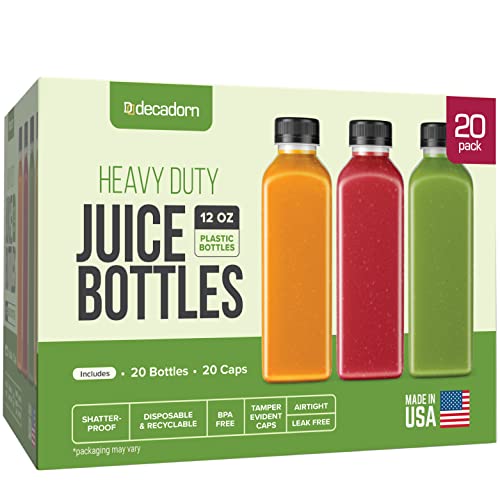 DECADORN 12oz Plastic Juice Bottles For Juicing - 20 Pack Plastic Bottles With Caps - MADE IN USA Juicing Bottles Reusable With Lids - Juicer Bottles With Tamper Evident Caps