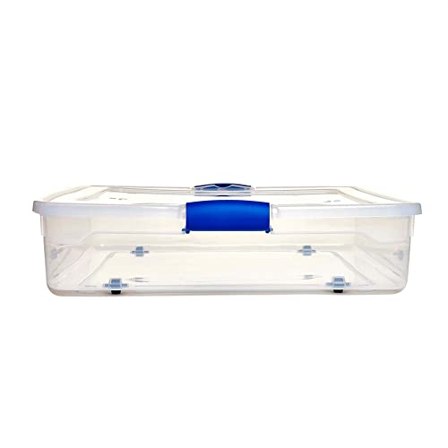 HOMZ 56 Quart Underbed Secure Latching Clear Plastic Storage Container Bin with Lid and Easy Glide Wheels for Home and Office Organization, (4 Pack)