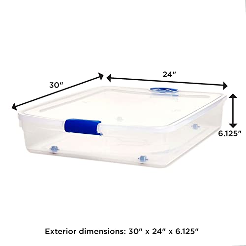 HOMZ 56 Quart Underbed Secure Latching Clear Plastic Storage Container Bin with Lid and Easy Glide Wheels for Home and Office Organization, (4 Pack)