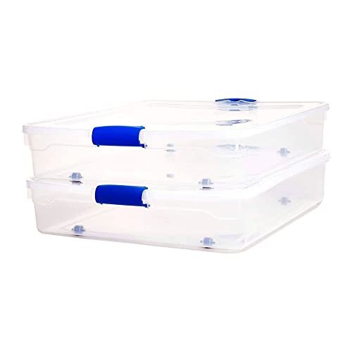 HOMZ 56 Quart Underbed Secure Latching Clear Plastic Storage Container Bin with Lid and Easy Glide Wheels for Home and Office Organization, (4 Pack)