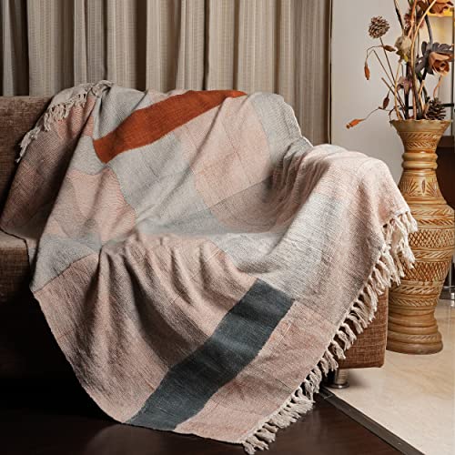 HOMEMONDE Boho Throw Blanket with Tassels 68x50 Inches Block Print Hand Woven Warm Blankets for Rustic Farmhouse