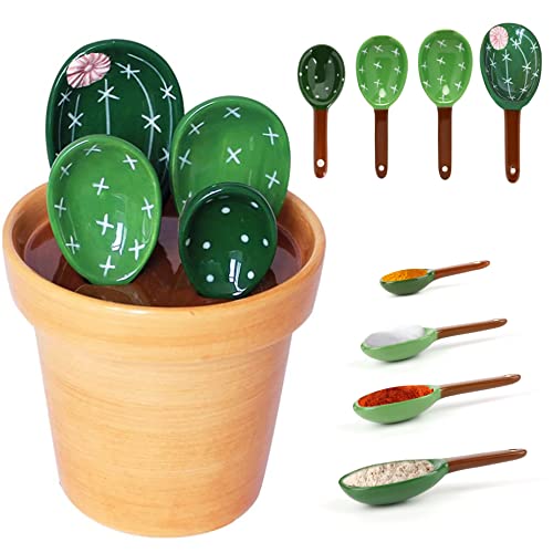 Cactus Measuring Spoons Set in Pot Cute Ceramic Kitchen Measuring Cups and Spoons Set with Holder for Baking Salt Sugar