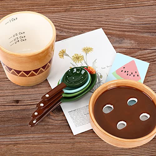 Cactus Measuring Spoons Set in Pot Cute Ceramic Kitchen Measuring Cups and Spoons Set with Holder for Baking Salt Sugar