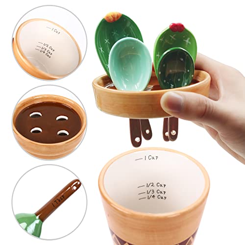 Cactus Measuring Spoons Set in Pot Cute Ceramic Kitchen Measuring Cups and Spoons Set with Holder for Baking Salt Sugar