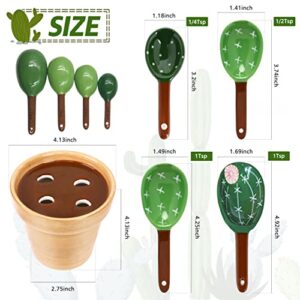 Cactus Measuring Spoons Set in Pot Cute Ceramic Kitchen Measuring Cups and Spoons Set with Holder for Baking Salt Sugar