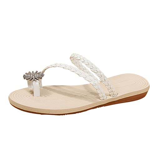 Fuzzy Sandal Slippers Women Ladies Fashion Summer Solid Color Leather Rhinestone Clip Toe Straw Woven Flat Slippers (White, 9)