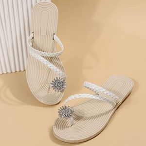 Fuzzy Sandal Slippers Women Ladies Fashion Summer Solid Color Leather Rhinestone Clip Toe Straw Woven Flat Slippers (White, 9)