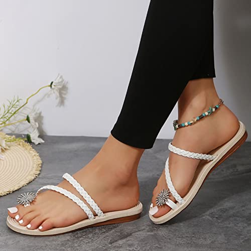 Fuzzy Sandal Slippers Women Ladies Fashion Summer Solid Color Leather Rhinestone Clip Toe Straw Woven Flat Slippers (White, 9)