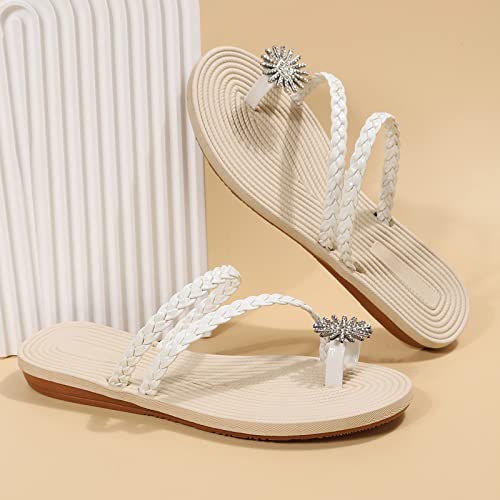 Fuzzy Sandal Slippers Women Ladies Fashion Summer Solid Color Leather Rhinestone Clip Toe Straw Woven Flat Slippers (White, 9)