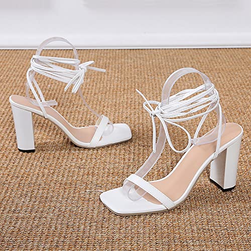 Women's Foreign Trade Large High Heeled European and American Fashion Square Headed Heavy Lace up Sandals for Women Wide (White, 8)