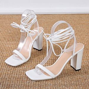 Women's Foreign Trade Large High Heeled European and American Fashion Square Headed Heavy Lace up Sandals for Women Wide (White, 8)