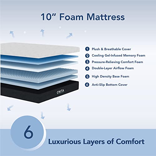 CHITA Full Size Gel Memory Foam Mattress,10 Inches Breathable Bed Mattress for Sleep Supportive & Pressure Relief,Fiberglass Free Mattress,Mattress in a Box,CertiPUR-US Certified,100 Night