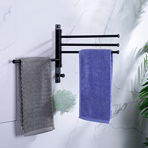 DIKUROOMS Swivel Towel Bars SUS 304 Stainless Steel 4-Arm for Bathroom Wall Mounted Swivel Towel Rack with Hooks Towel Hanger Space Saving Organizer Holder,Matte Black