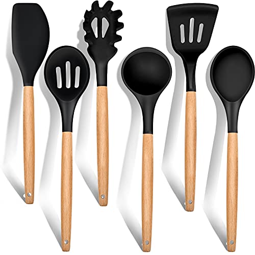 Cooking Utensils Set of 6, E-far Silicone Kitchen Utensils with Wooden Handle, Non-stick Cookware Friendly & Heat Resistant, Includes Spatula/Ladle/Slotted Turner/Serving Spoon/Spaghetti Server(Black)