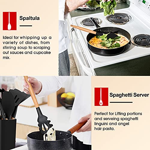 Cooking Utensils Set of 6, E-far Silicone Kitchen Utensils with Wooden Handle, Non-stick Cookware Friendly & Heat Resistant, Includes Spatula/Ladle/Slotted Turner/Serving Spoon/Spaghetti Server(Black)