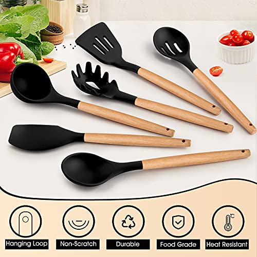 Cooking Utensils Set of 6, E-far Silicone Kitchen Utensils with Wooden Handle, Non-stick Cookware Friendly & Heat Resistant, Includes Spatula/Ladle/Slotted Turner/Serving Spoon/Spaghetti Server(Black)