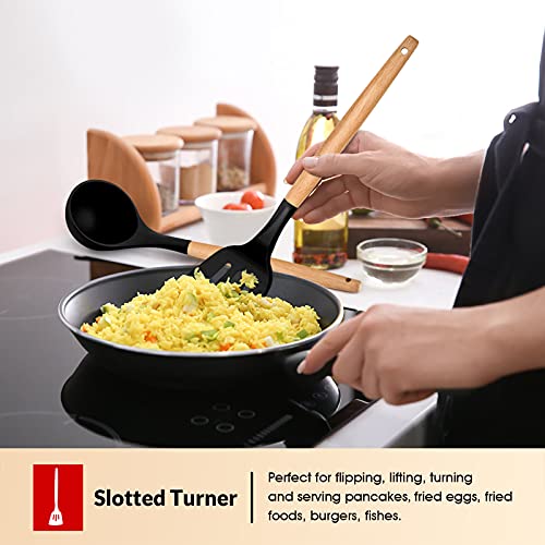 Cooking Utensils Set of 6, E-far Silicone Kitchen Utensils with Wooden Handle, Non-stick Cookware Friendly & Heat Resistant, Includes Spatula/Ladle/Slotted Turner/Serving Spoon/Spaghetti Server(Black)