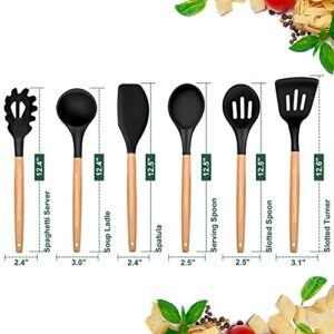 Cooking Utensils Set of 6, E-far Silicone Kitchen Utensils with Wooden Handle, Non-stick Cookware Friendly & Heat Resistant, Includes Spatula/Ladle/Slotted Turner/Serving Spoon/Spaghetti Server(Black)