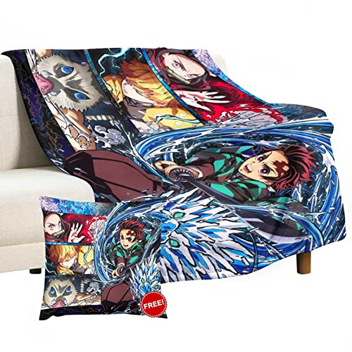 Japanese Anime Flannel Blanket 2set, Soft Lightweight Fleece Throw Blanket with Pillowcase Warm Durable Sofa Couch Decor Beding