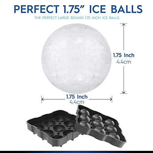 Premium Ice/Cake Ball Maker, Whiskey Ice Mold, 9 Spherical Balls Ice Tray makes 1.8" / 4.5cm Sphere, 3 Securing Systems Preventing Leakage -Silicone