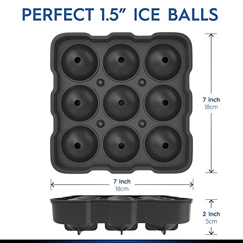 Premium Ice/Cake Ball Maker, Whiskey Ice Mold, 9 Spherical Balls Ice Tray makes 1.8" / 4.5cm Sphere, 3 Securing Systems Preventing Leakage -Silicone