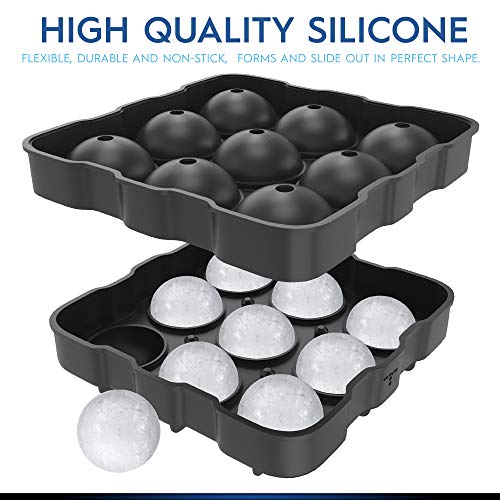 Premium Ice/Cake Ball Maker, Whiskey Ice Mold, 9 Spherical Balls Ice Tray makes 1.8" / 4.5cm Sphere, 3 Securing Systems Preventing Leakage -Silicone