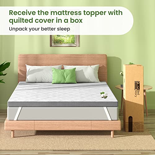 BedStory 4 Inch Memory Foam Cool Gel Mattress Topper Queen Size, Ventilated Fiber-Filled Cover Fitted Topper Soft for Relieving Pressure, Conforming Support