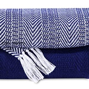 Luxurious Hand Woven Cozy Warm 100% Combed Cotton All Season Indoor Outdoor Light Weight Fade Resistant Couch Chair Bed Throw Blankets Batik 50x60 Inch Set of 2 (Navy)